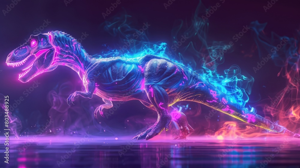 T-Rex Tyrannosaurus Rex Animal Plexus Neon Black Background Digital ...