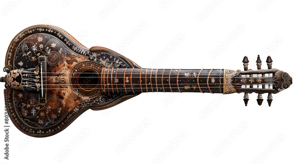 An Indian sitar with intricate inlays on a transparent background. PNG ...