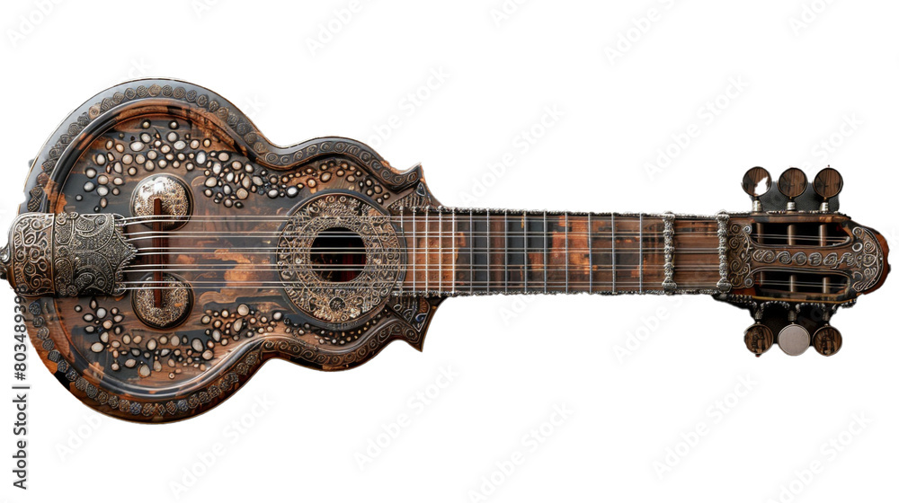 An Indian sitar with intricate inlays on a transparent background. PNG ...