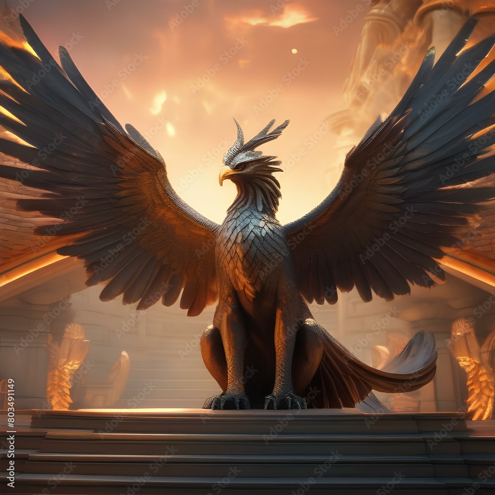 Set of mythical creatures like phoenixes and sphinxes in a mystical ...