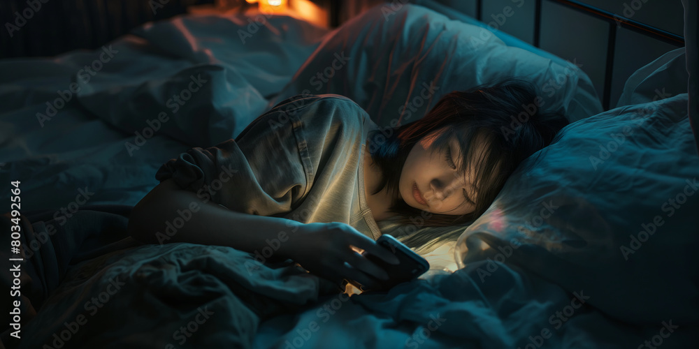 Sad person checking their smartphone at night. Woman scrolling through ...