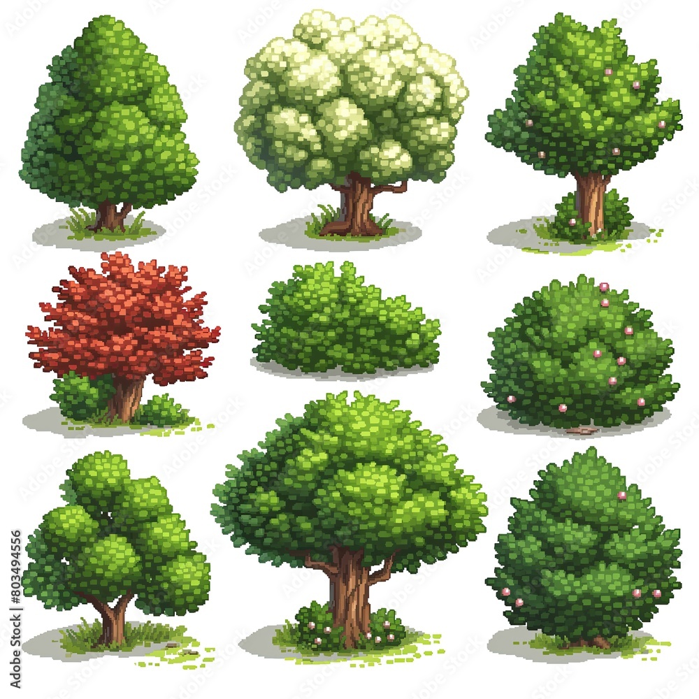 ภาพประกอบสต็อก Tree and Bush Environment Video Game Assets Pixel Art ...
