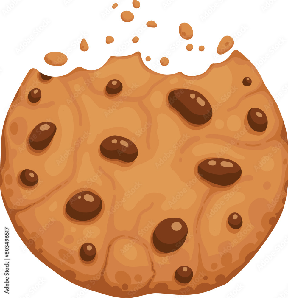 Bitten chocolate chip cookie. Crunch homemade brown biscuit broken with ...