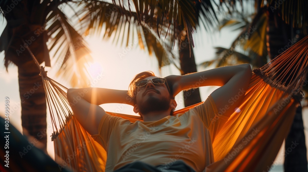 A person lying in a hammock strung between two palm trees, eyes closed ...
