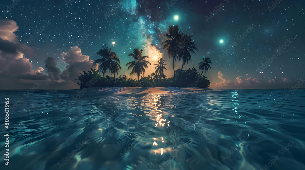 Foto de A starry night over an isolated atoll, with the Milky Way ...