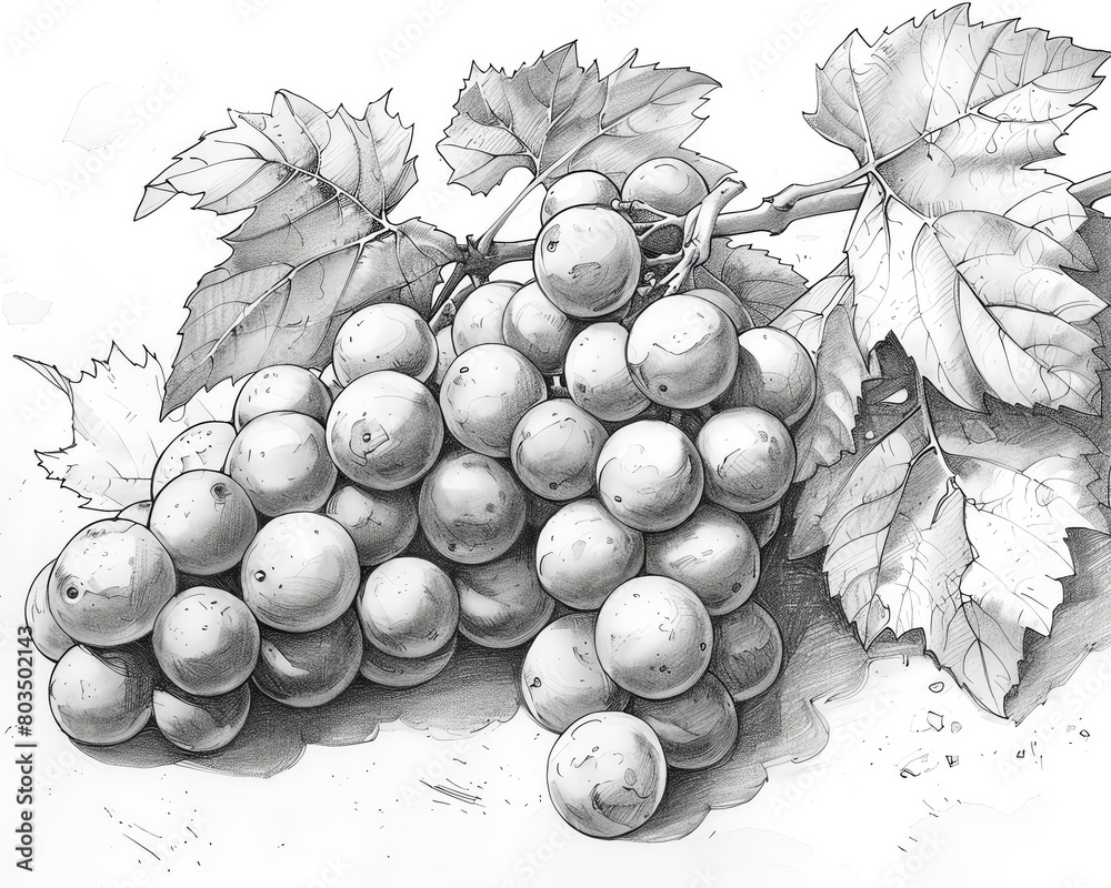 Illustrate a high-angle view of grapes using pen and ink, focusing on ...