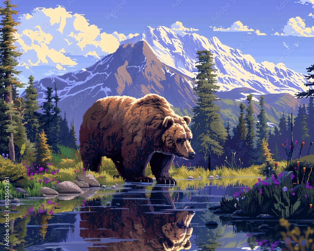Illustrate a pixel art rendition of a bear in a panoramic landscape ...