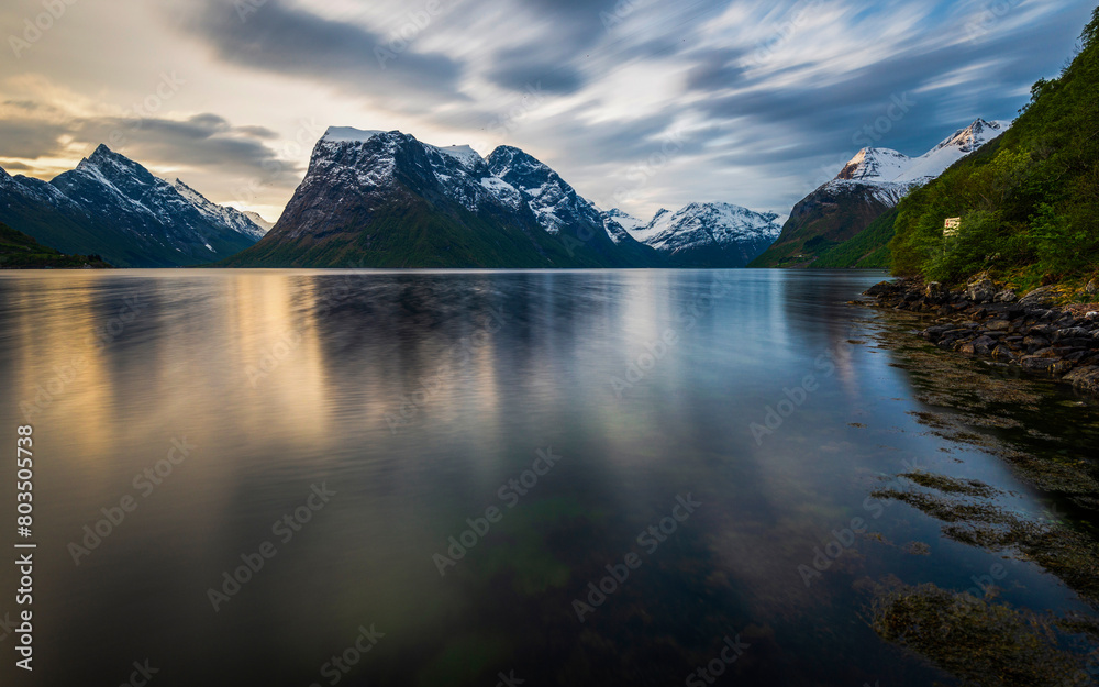 views of the Hjørundfjorden taken from Saebo during springtime, Norway ...