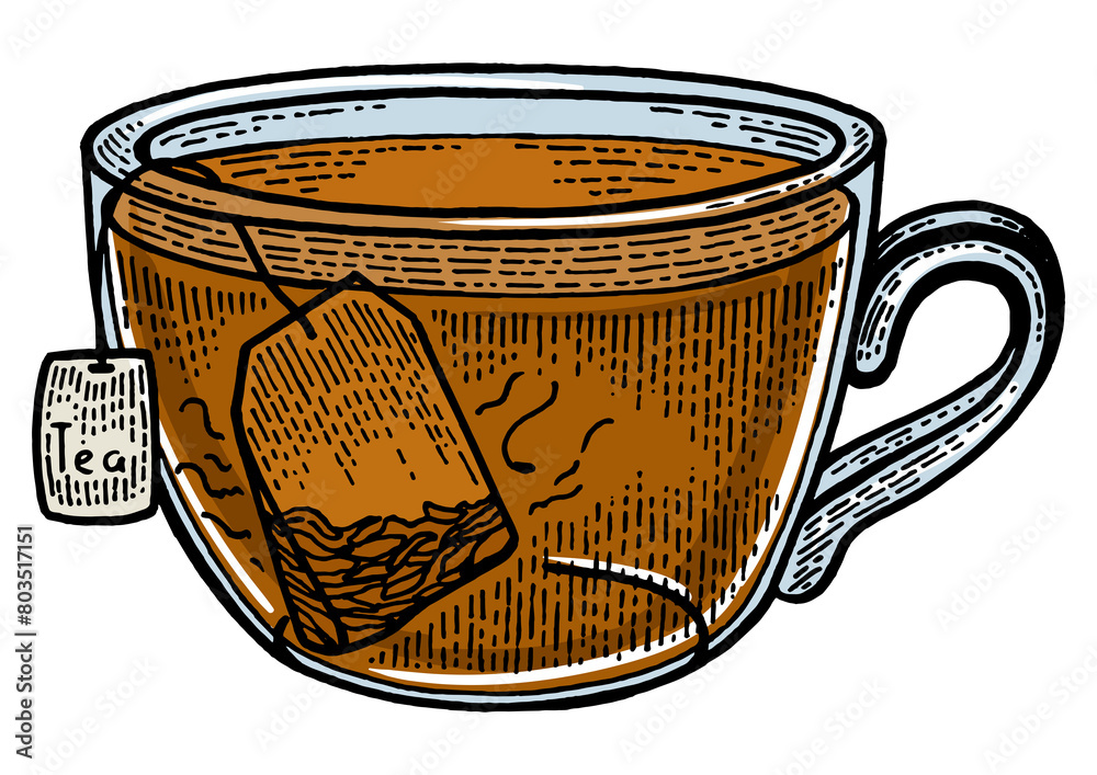 Cup of tea with tea bag sketch engraving PNG illustration. Scratch ...