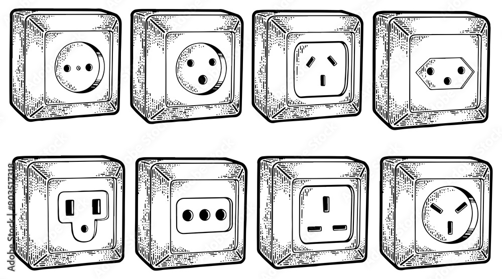 Power sockets of different countries sketch engraving PNG illustration ...