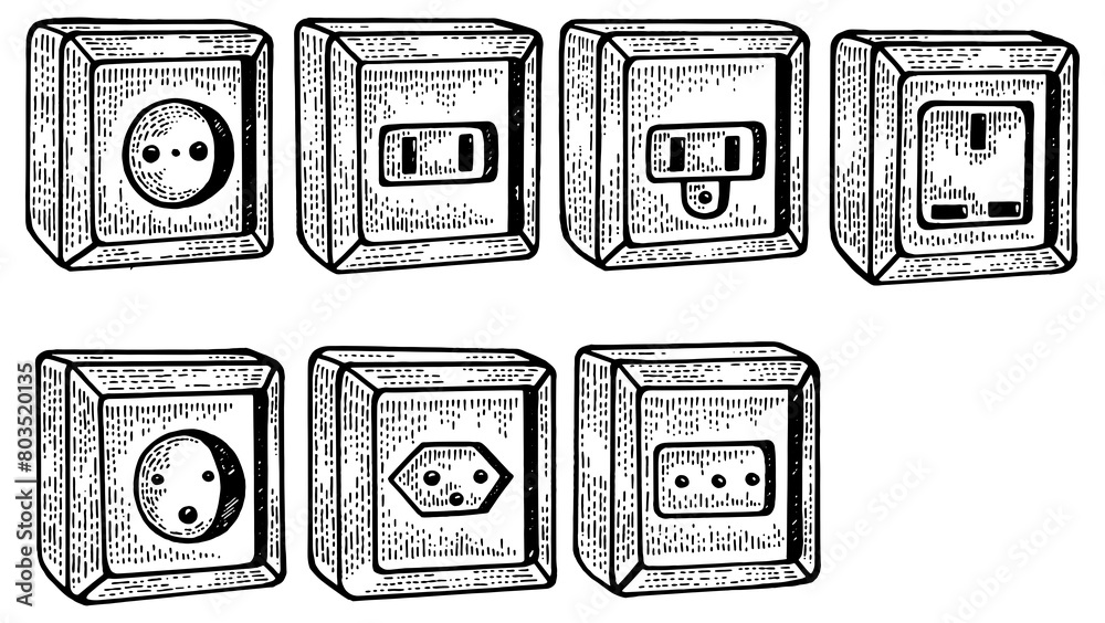 Power sockets of different countries sketch engraving PNG illustration ...
