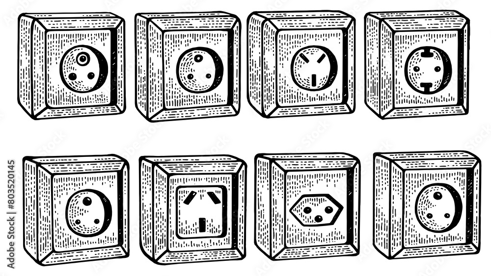 Power sockets of different countries sketch engraving PNG illustration ...