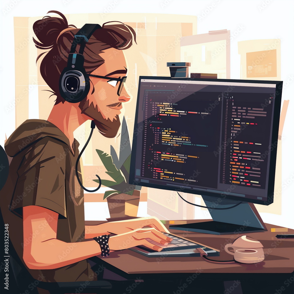 Ilustración de un informatico trabajando delante de su ordenador en la ...