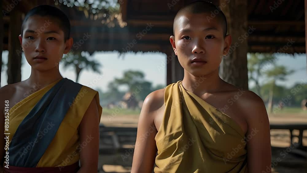 Two young Buddhist monks are posing in their temple in Southeast Asia ...
