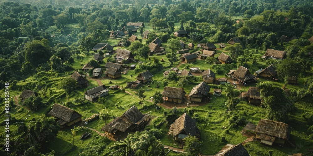 Overhead shot of a remote village with traditional architecture and ...