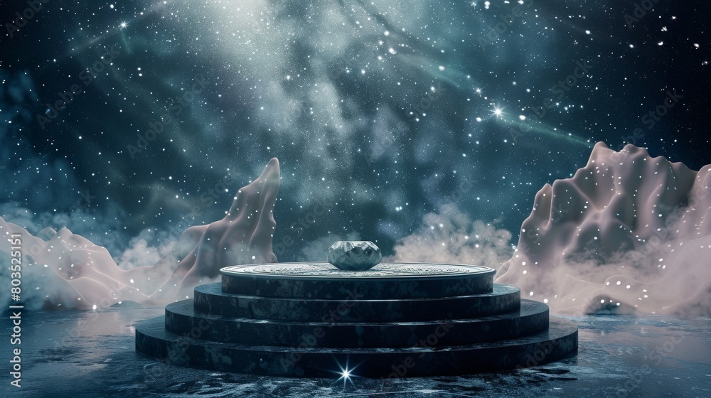 Cosmic Enchantment: Mystical Obsidian Podium Amidst Starry Night Sky ...