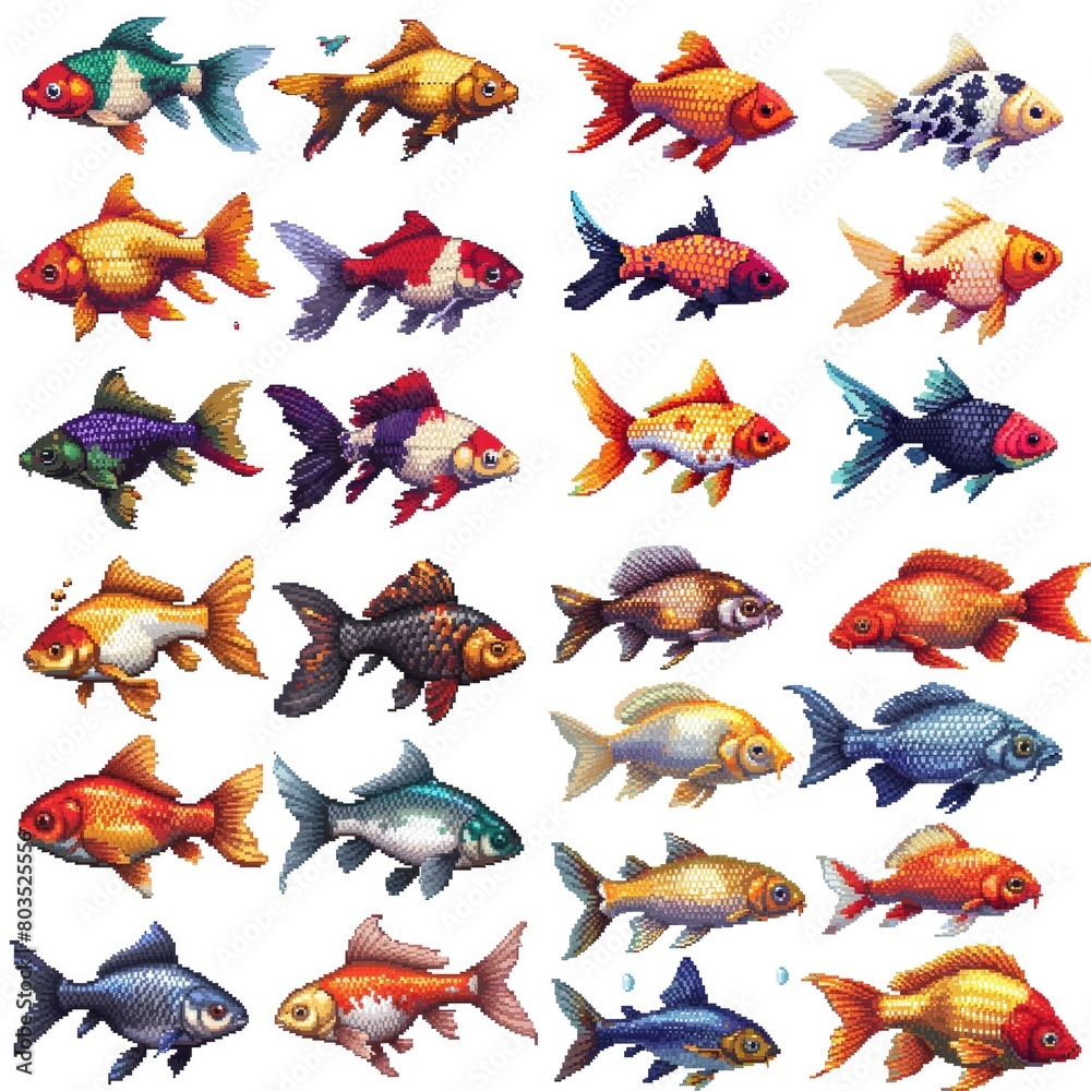 Pixel Art Fish Pack, Goldfish Illustration Set, 8Bit Pet and Animal ...