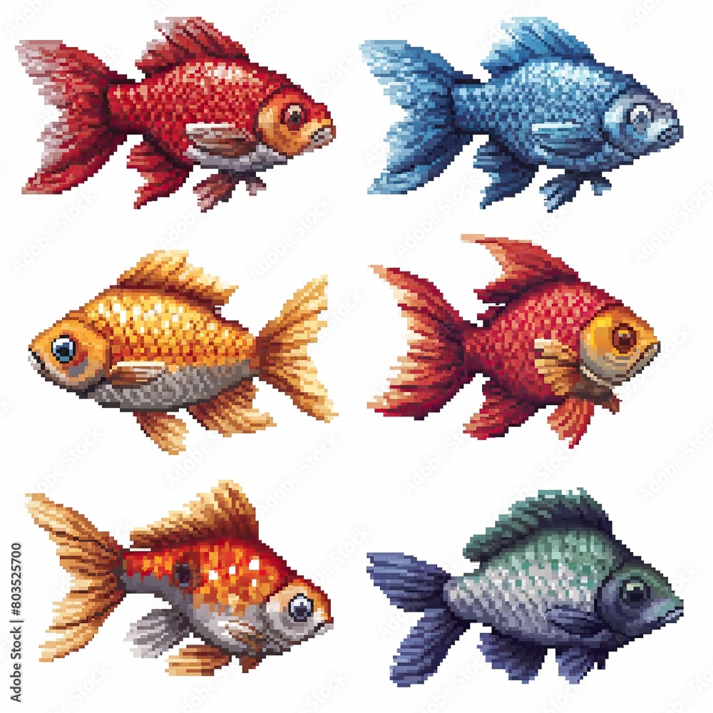 Pixel Art Fish Pack, Goldfish Illustration Set, 8Bit Pet and Animal ...