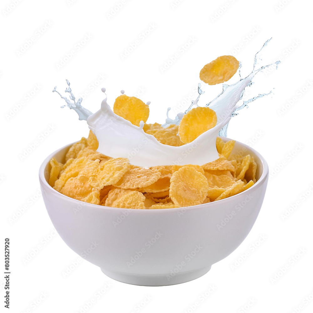 Corn flakes with milk splash in white bowl isolated on transparent ...