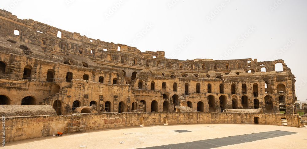 Interior of El Jem Amphitheatre with remnants of massive stone walls ...