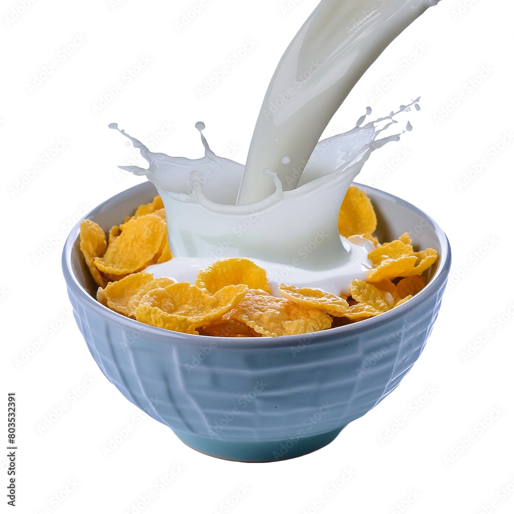 Corn flakes with milk splash in white bowl isolated on transparent ...