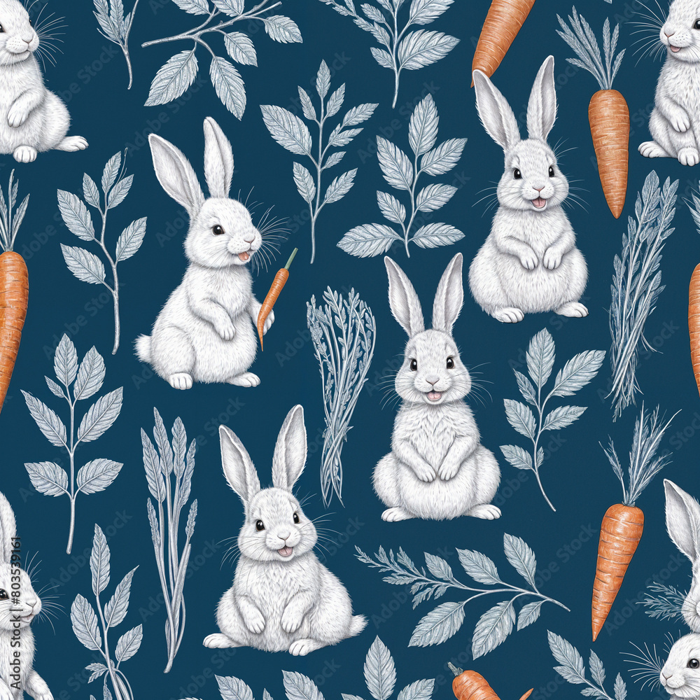 pattern with cute white bunny rabbits, Carrots and leaves. Easter ...