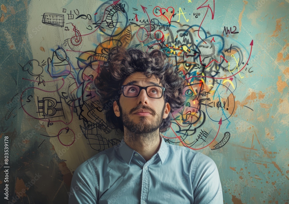 A stressed young man with anxiety and depression expressed by symbols ...