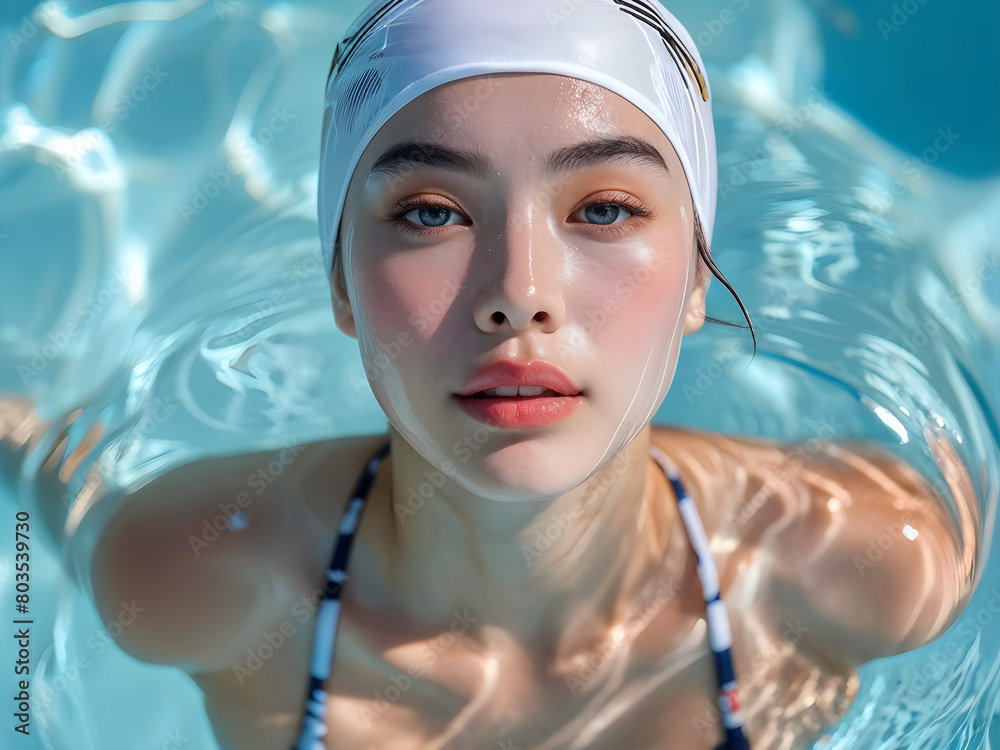 Streamlined Aquatic Style: Swim Cap on Asian Swimmer, Hydrodynamic ...