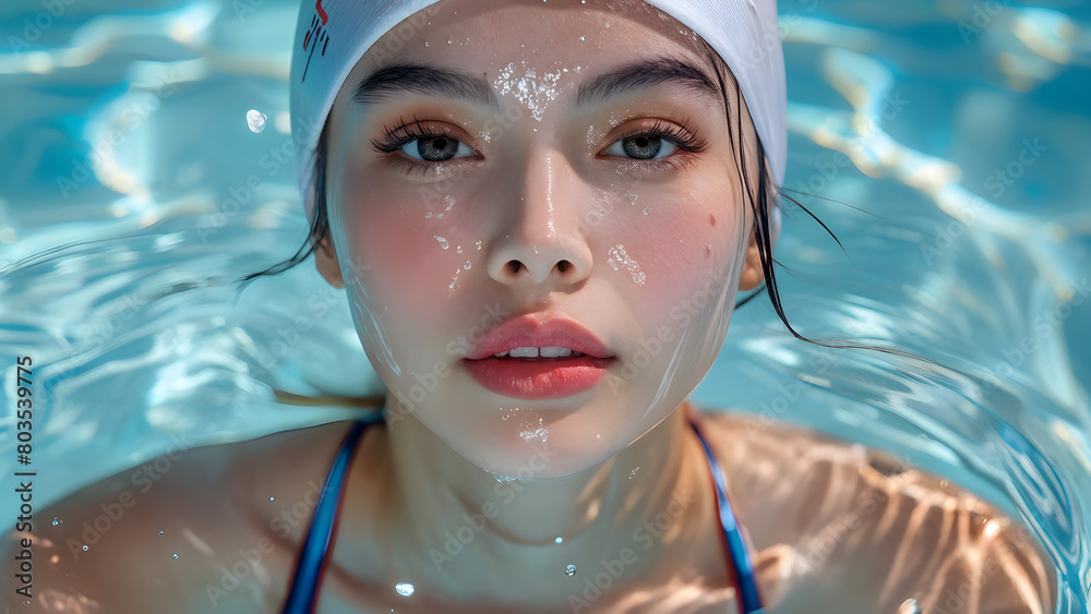 Streamlined Aquatic Style: Swim Cap on Asian Swimmer, Hydrodynamic ...