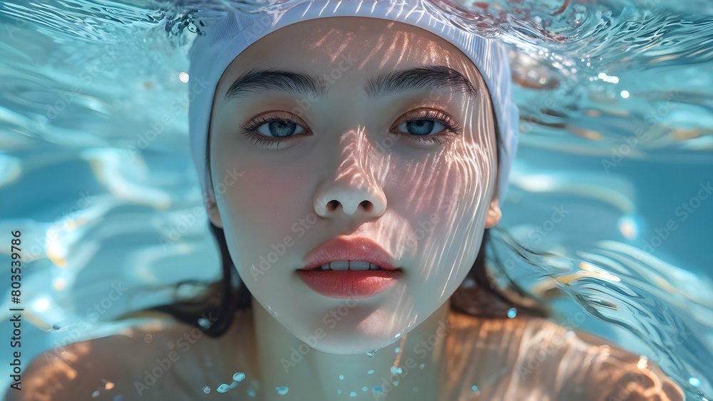 Streamlined Aquatic Style: Swim Cap on Asian Swimmer, Hydrodynamic ...