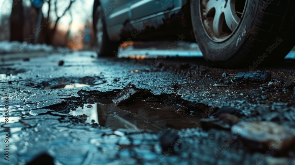 car wheels running and closed up Very bad quality street with potholes ...