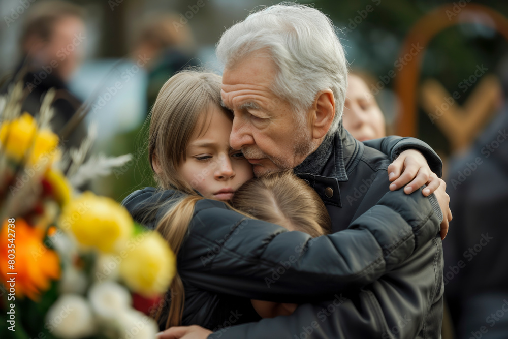Funeral concept. Crying family and child hug grandmother for support ...