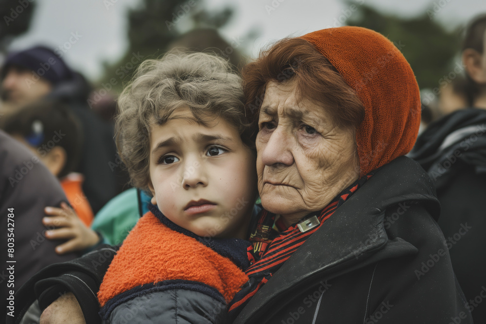 Funeral concept. Crying family and child hug grandmother for support ...
