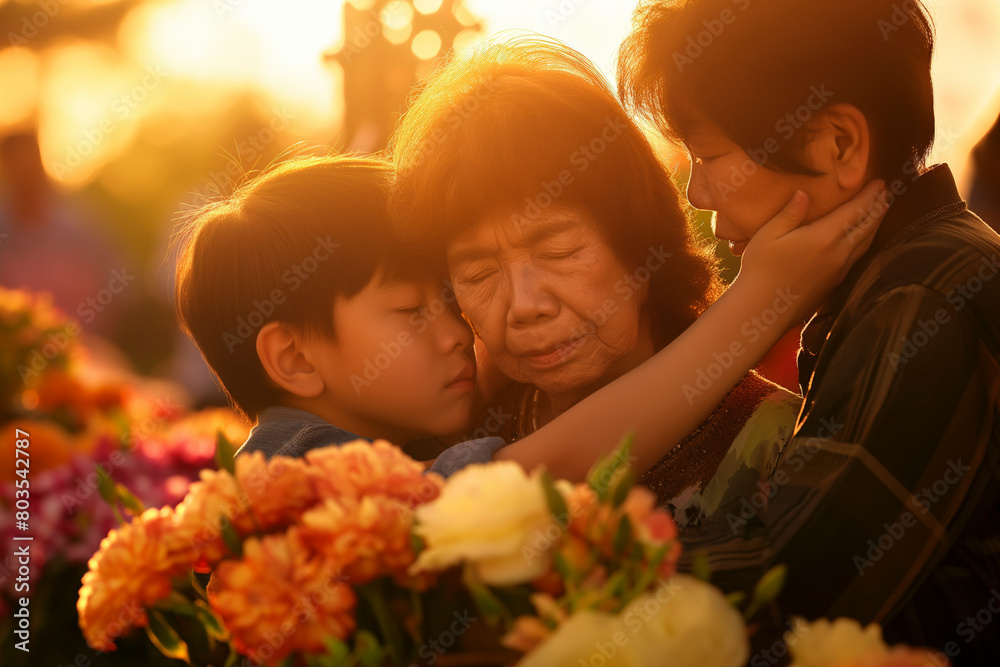Funeral concept. Crying family and child hug grandmother for support ...