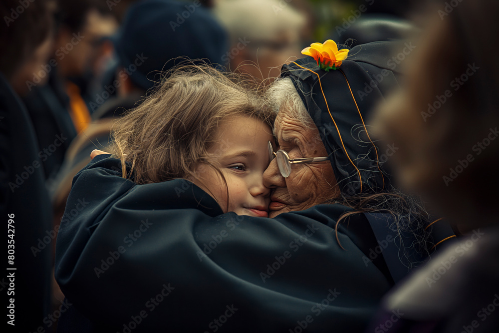 Funeral concept. Crying family and child hug grandmother for support ...