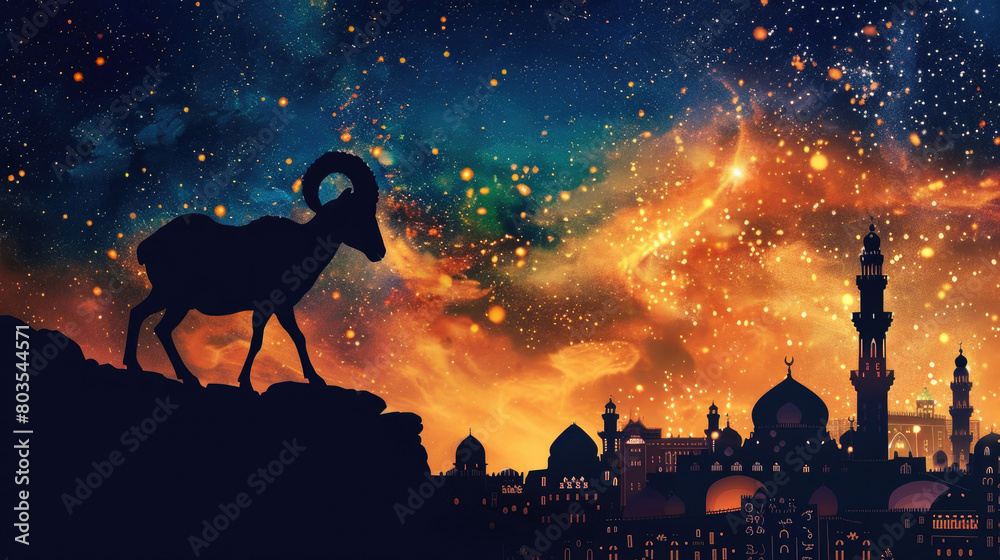 A ram on the background of the night city and the starry sky. Religious ...