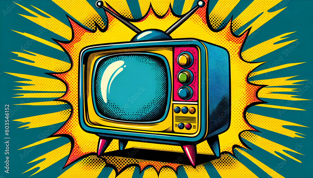A vibrant retro comic book style illustration of a TV set, inspired by ...