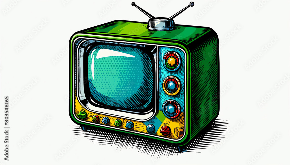 A retro comic book style illustration of a green TV set, designed in a ...