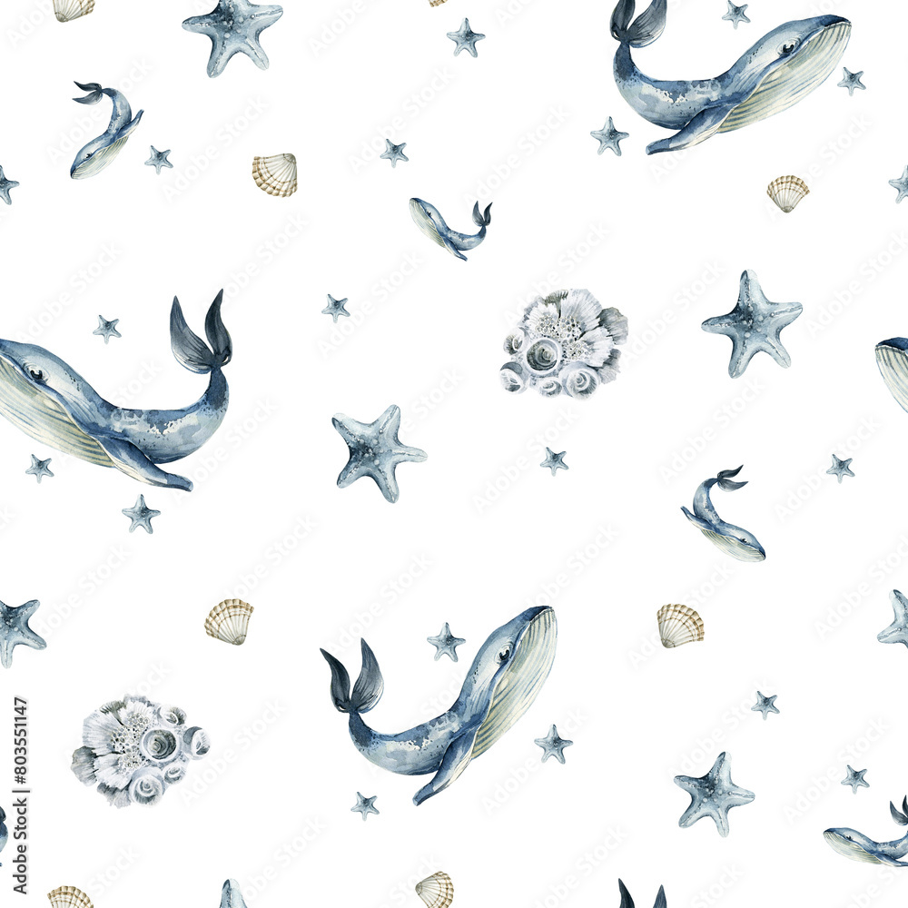 Watercolor seamless sea pattern. Endless pattern with underwater world ...