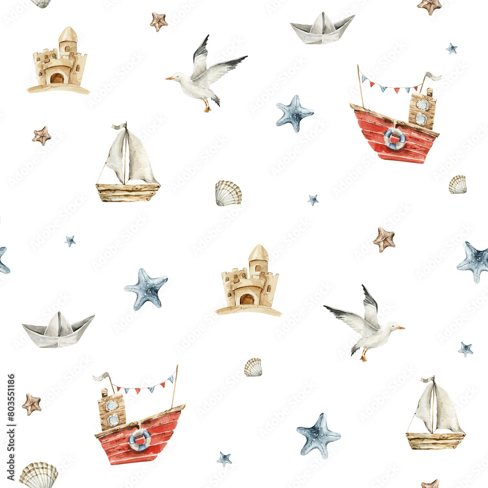 Watercolor seamless sea baby pattern. Endless pattern with beach ...
