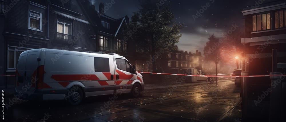 Crime investigation at a residential building, police and ambulance ...