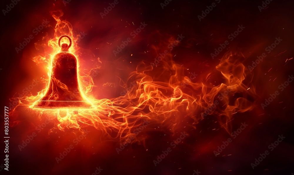 Golden bell outline surrounded by flames on a dark red background. Fire ...