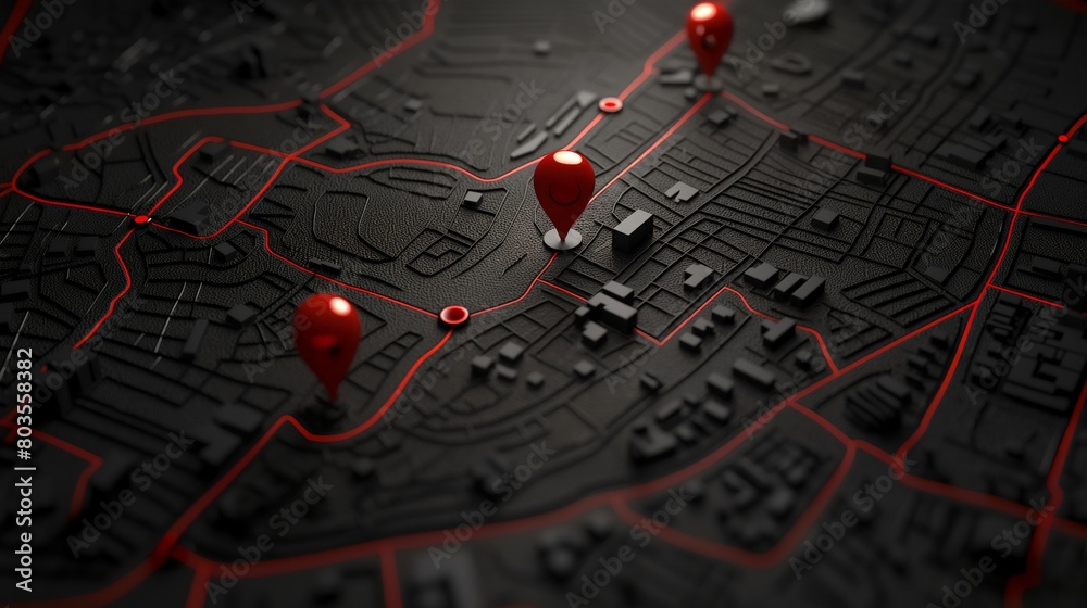 Three-dimensional city map with red location pins. Conceptual image for ...
