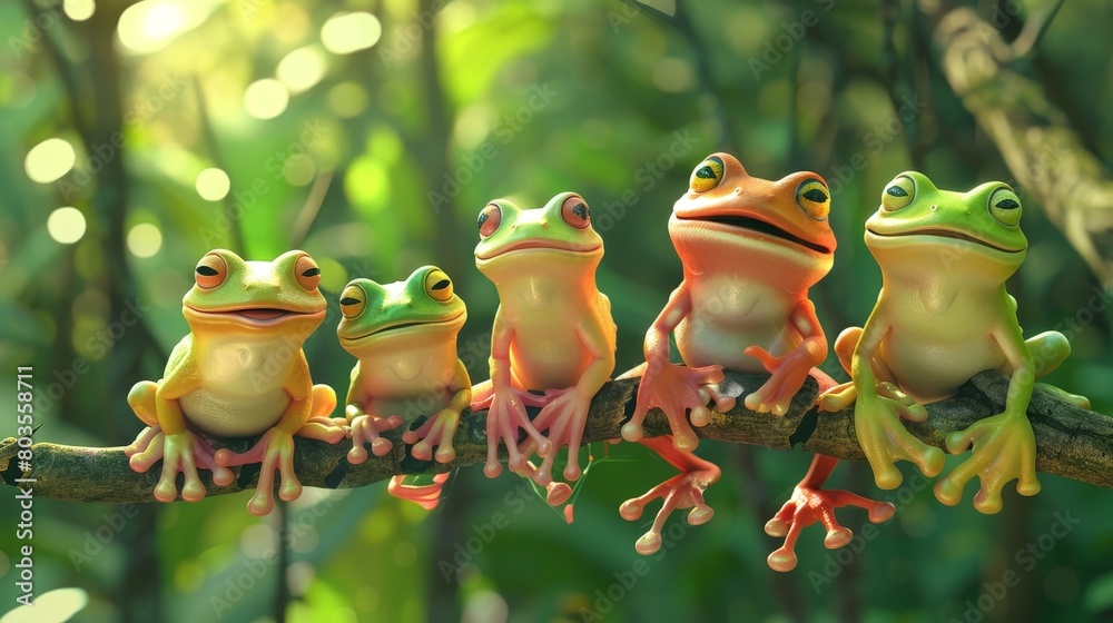3D whimsical cartoon animation, adorable family of frogs on a branch ...