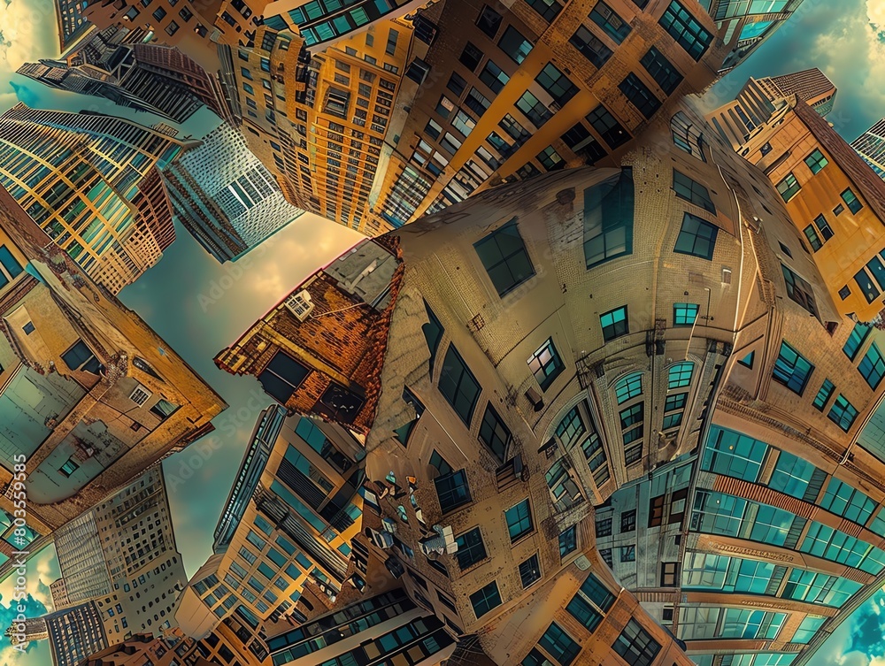 Craft a daring dystopian cityscape with towering, dilapidated ...