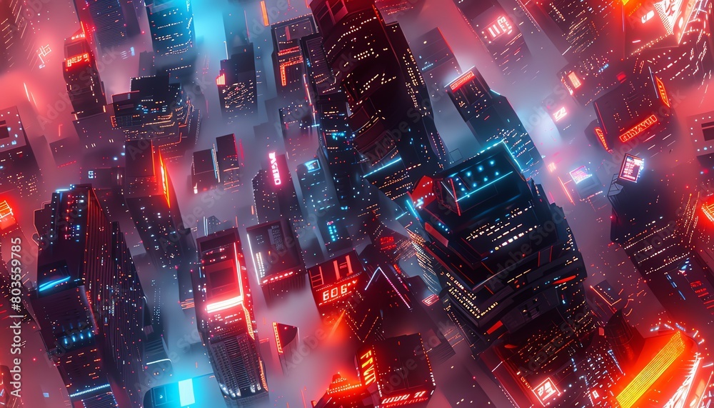 Craft a mesmerizing image of a dystopian city from a low-angle aerial ...