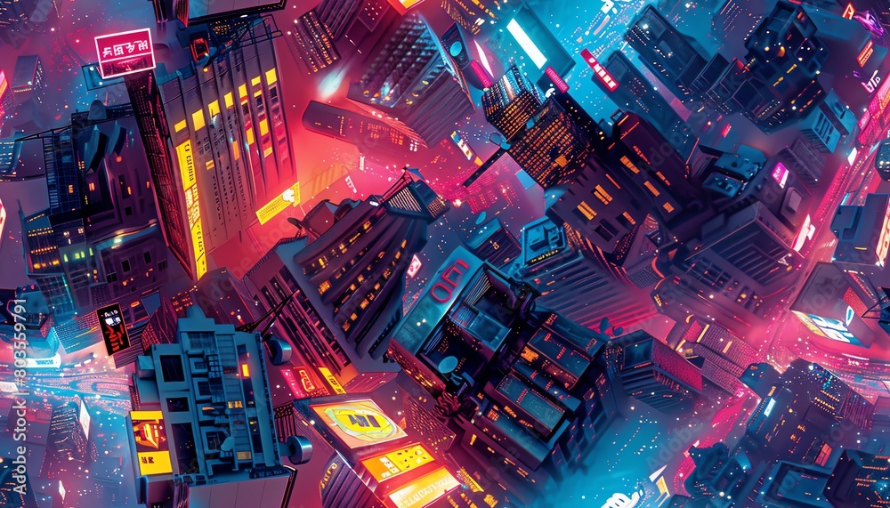 Craft a mesmerizing image of a dystopian city from a low-angle aerial ...