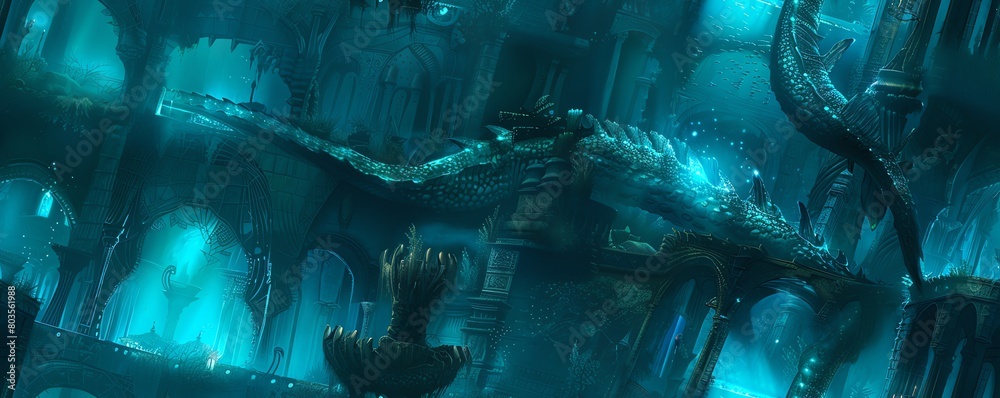 Render a colossal sea serpent weaving through the arches of an ...