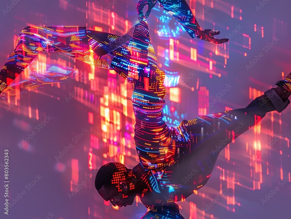 Visualize a pixelated breakdancer with holographic projections, mid-air ...