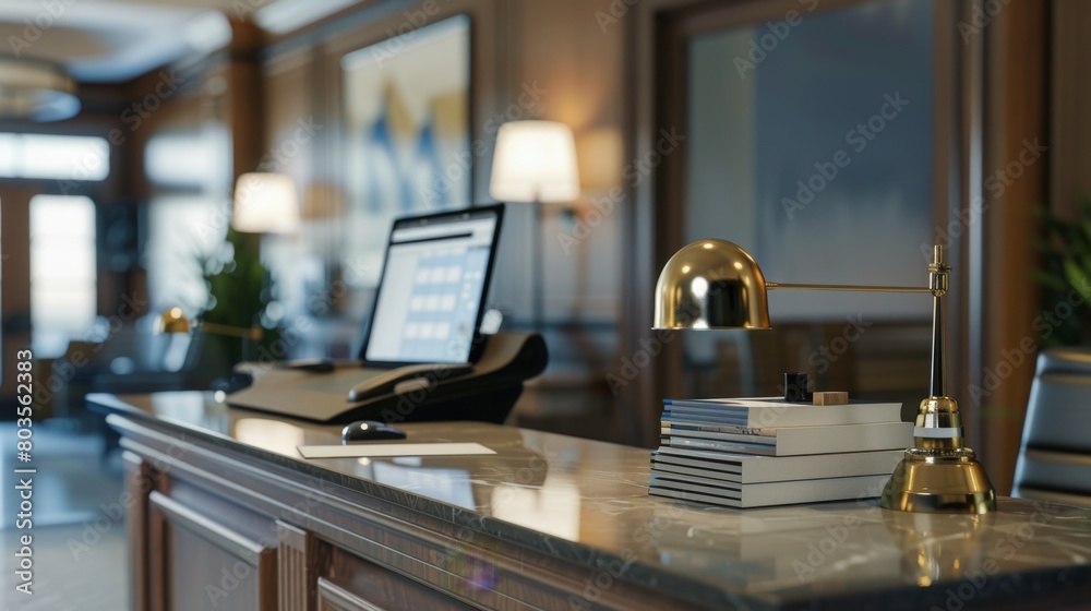 Hotel Lobby Concierge Desk with Computer Monitor and Bell Stock Photo ...